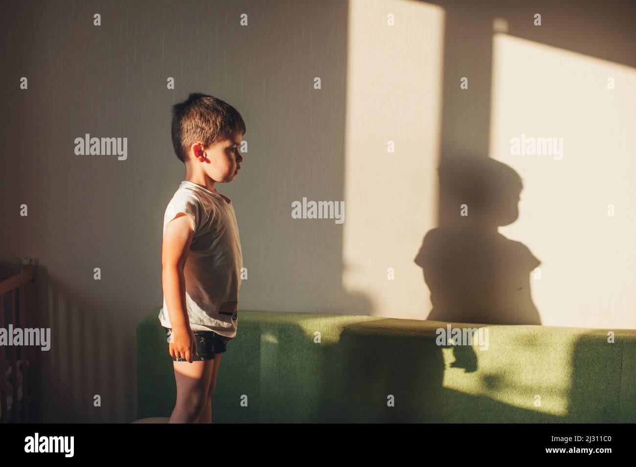 Profile of a boy standing on the couch staring at his shadow on the ...