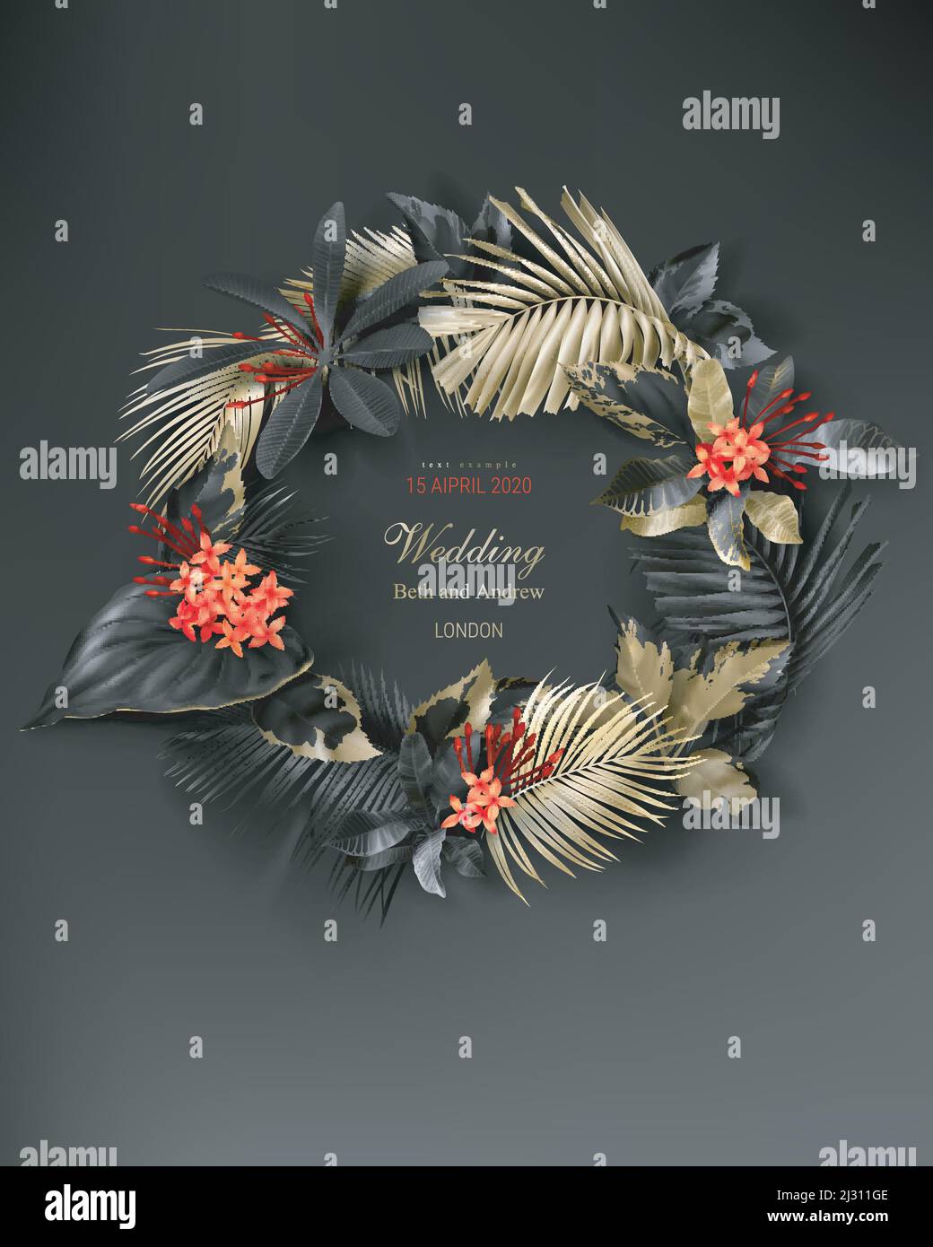 Tropical black and gold leaves wreath on dark background vector poster ...