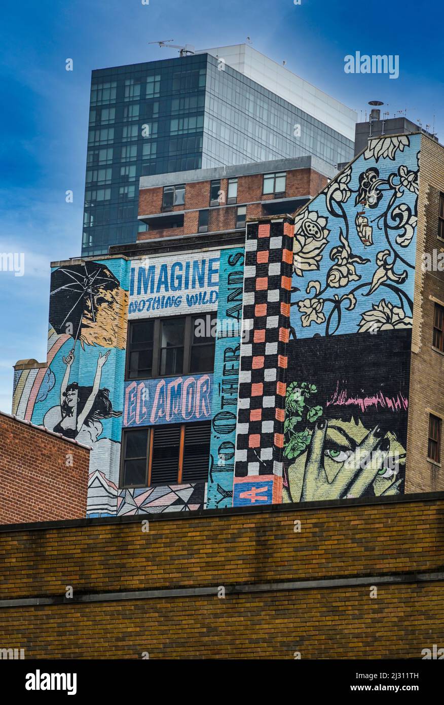 mural on brick wall in New York City with modern building in the ...