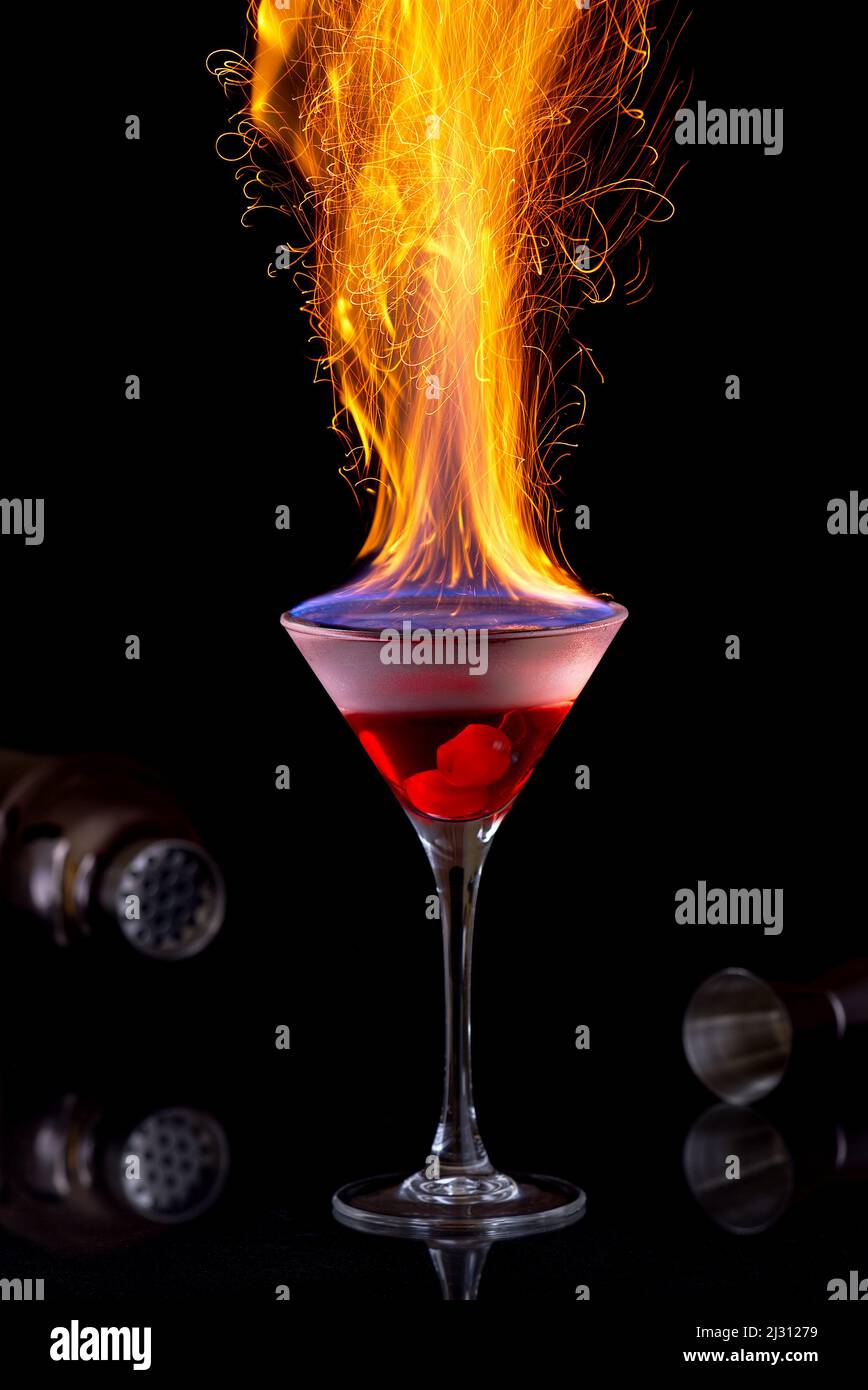 burning shot. shot and fire on a dark background Stock Photo - Alamy