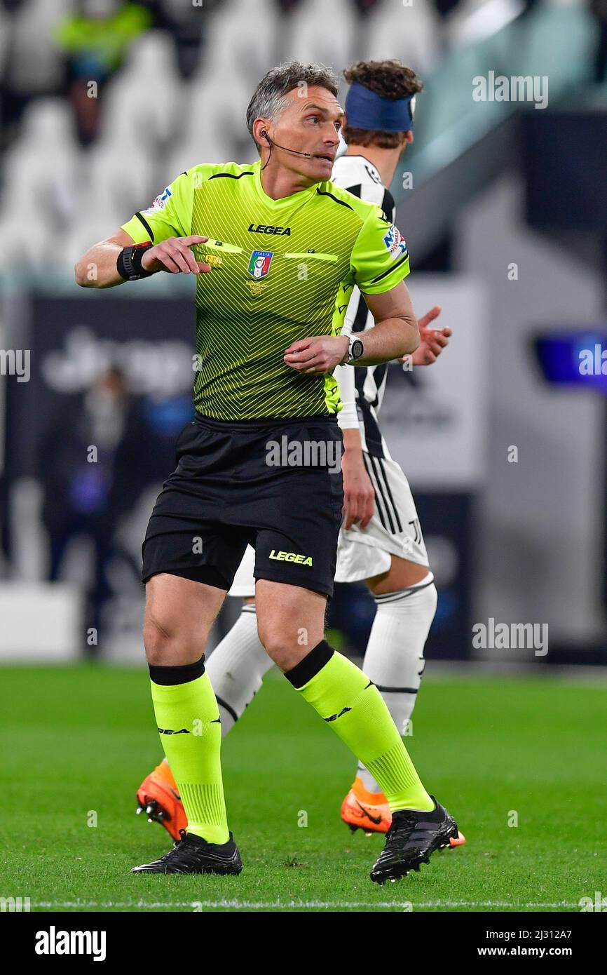 Turin, Italy. 03rd, April 2022. Referee Massimiliano Irrati seen during ...