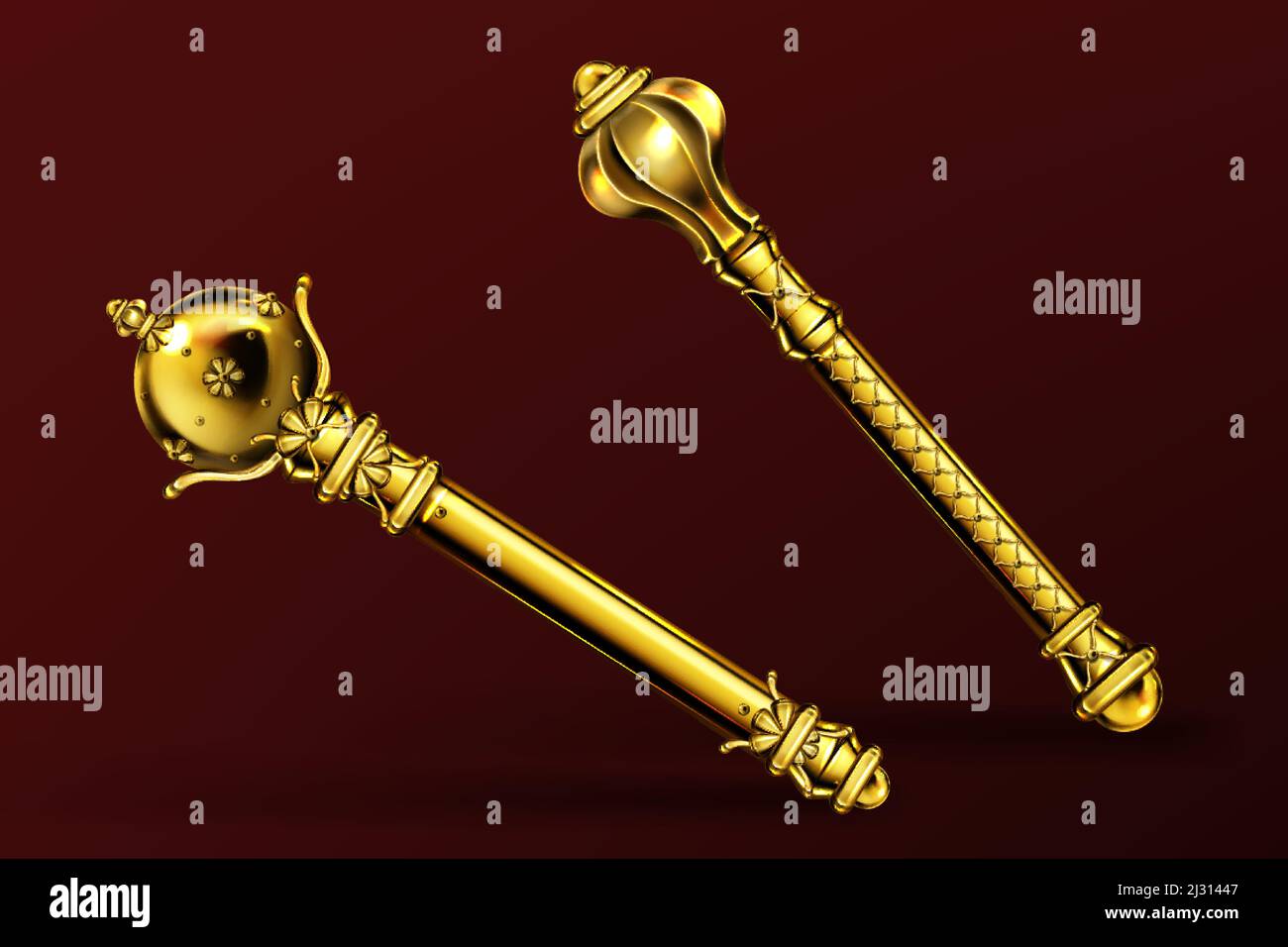 Gold royal scepters, king and queen wands. Vector realistic set of ...