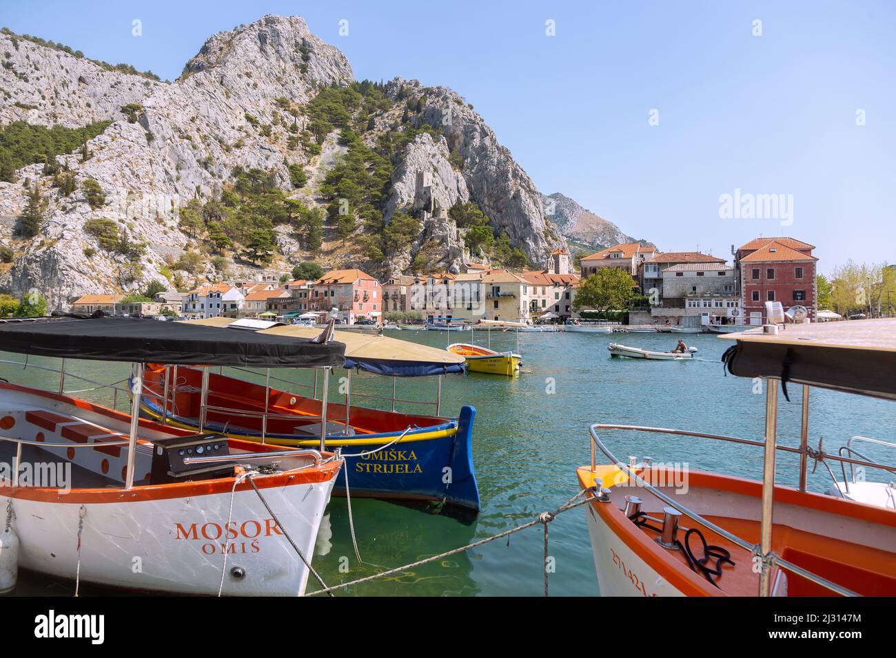 Omiš, excursion boats, view of the Cetina river and the Mosor mountains ...