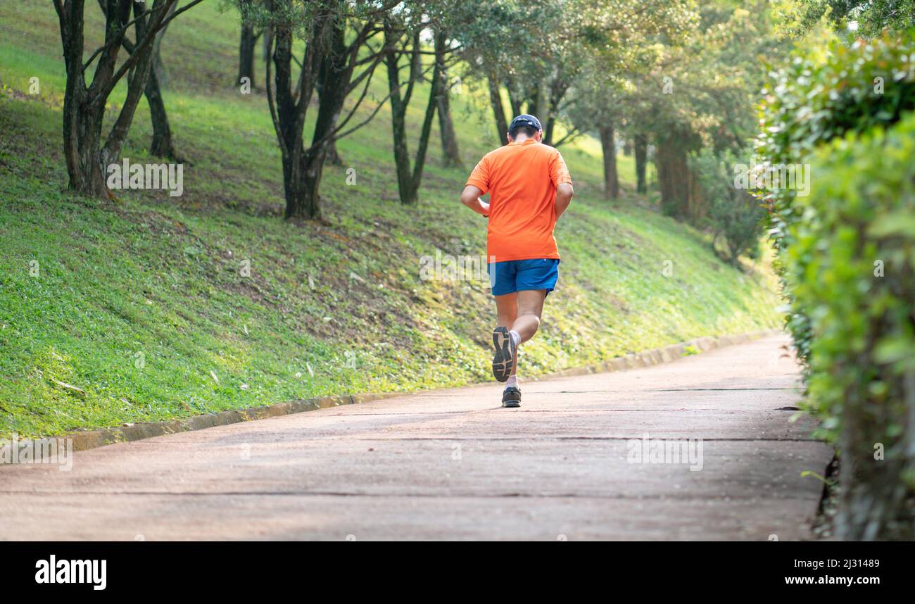 Back view of man runner jogging on an outdoor path during sunset ...