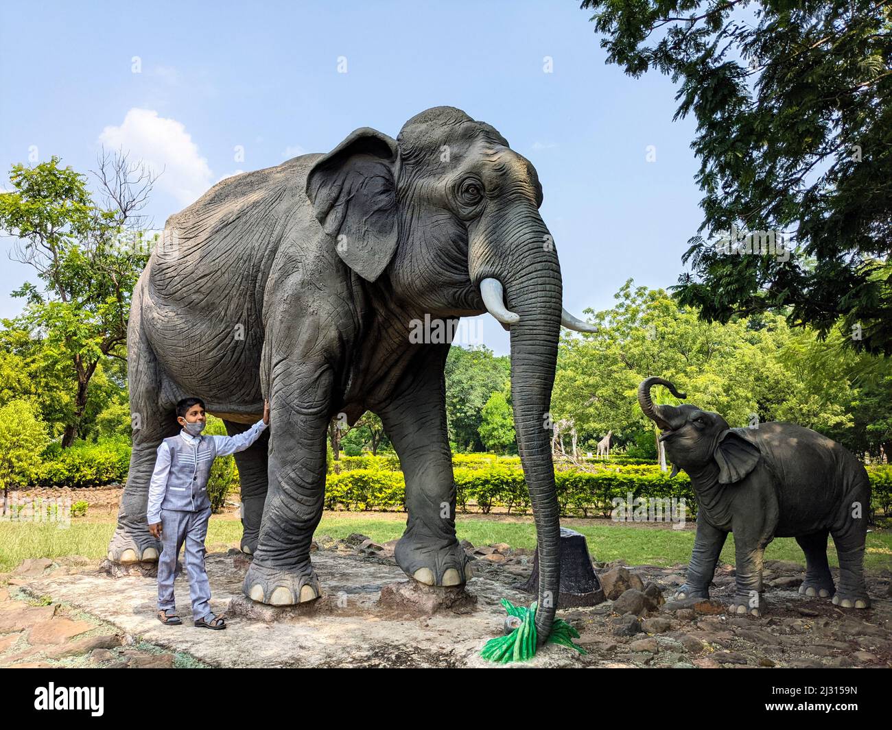 Beautiful long view of boy with Elephants family sculptures isolated in ...