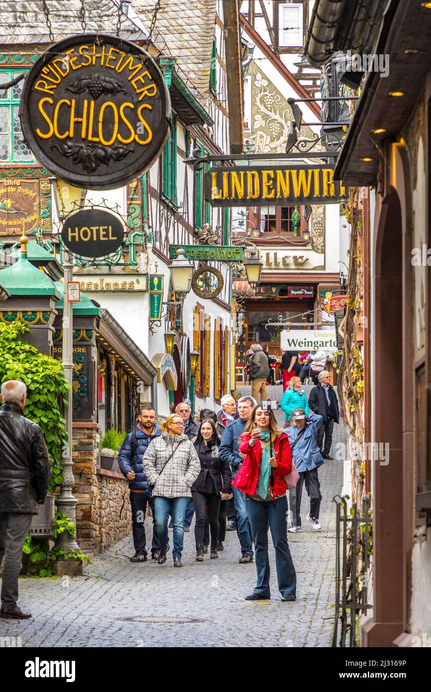 RUEDESHEIM, GERMANY - APR 26, 2017: people visit famous Drosselgasse in ...