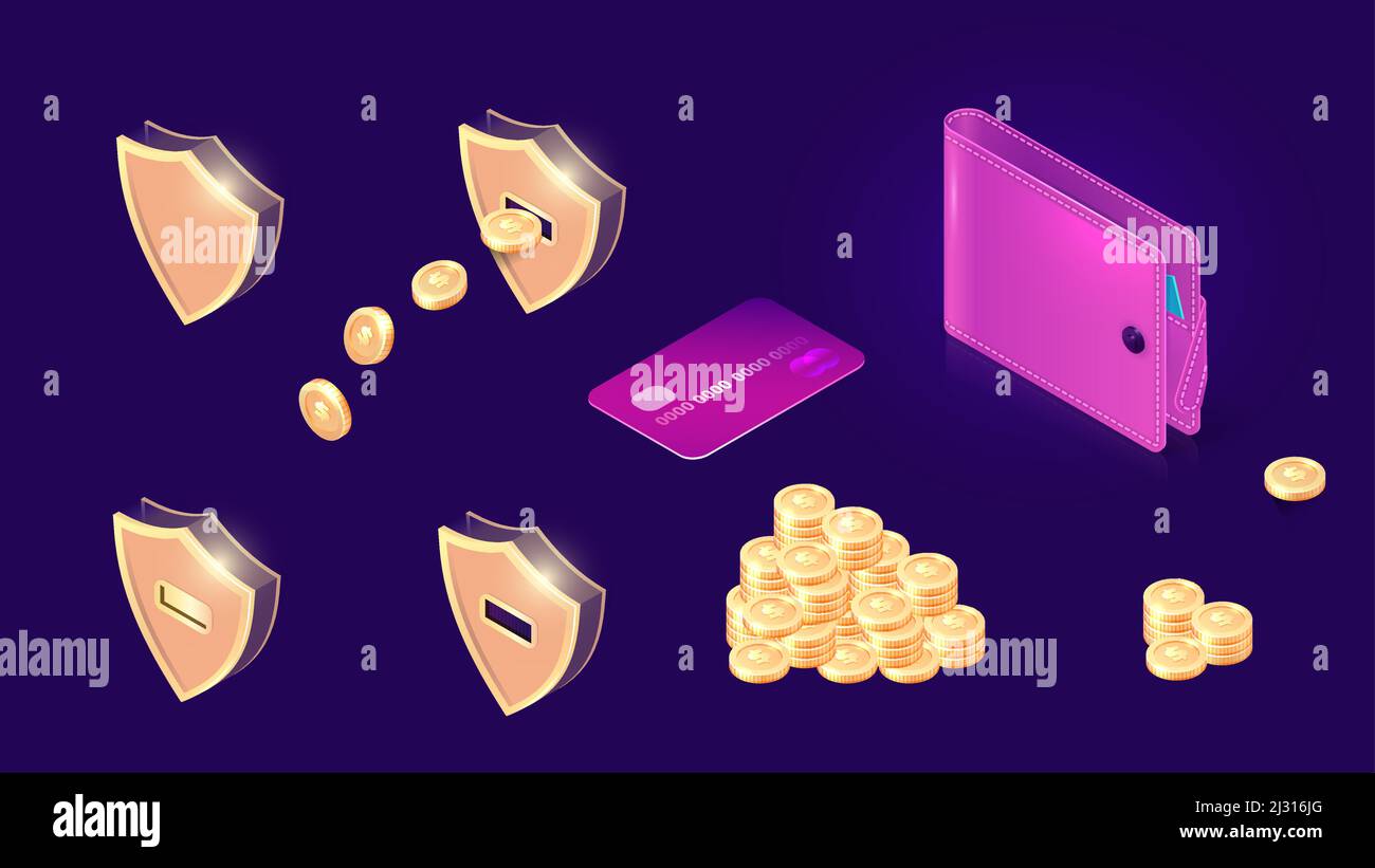 Money transfer icons isometric concept vector illustration. Golden ...