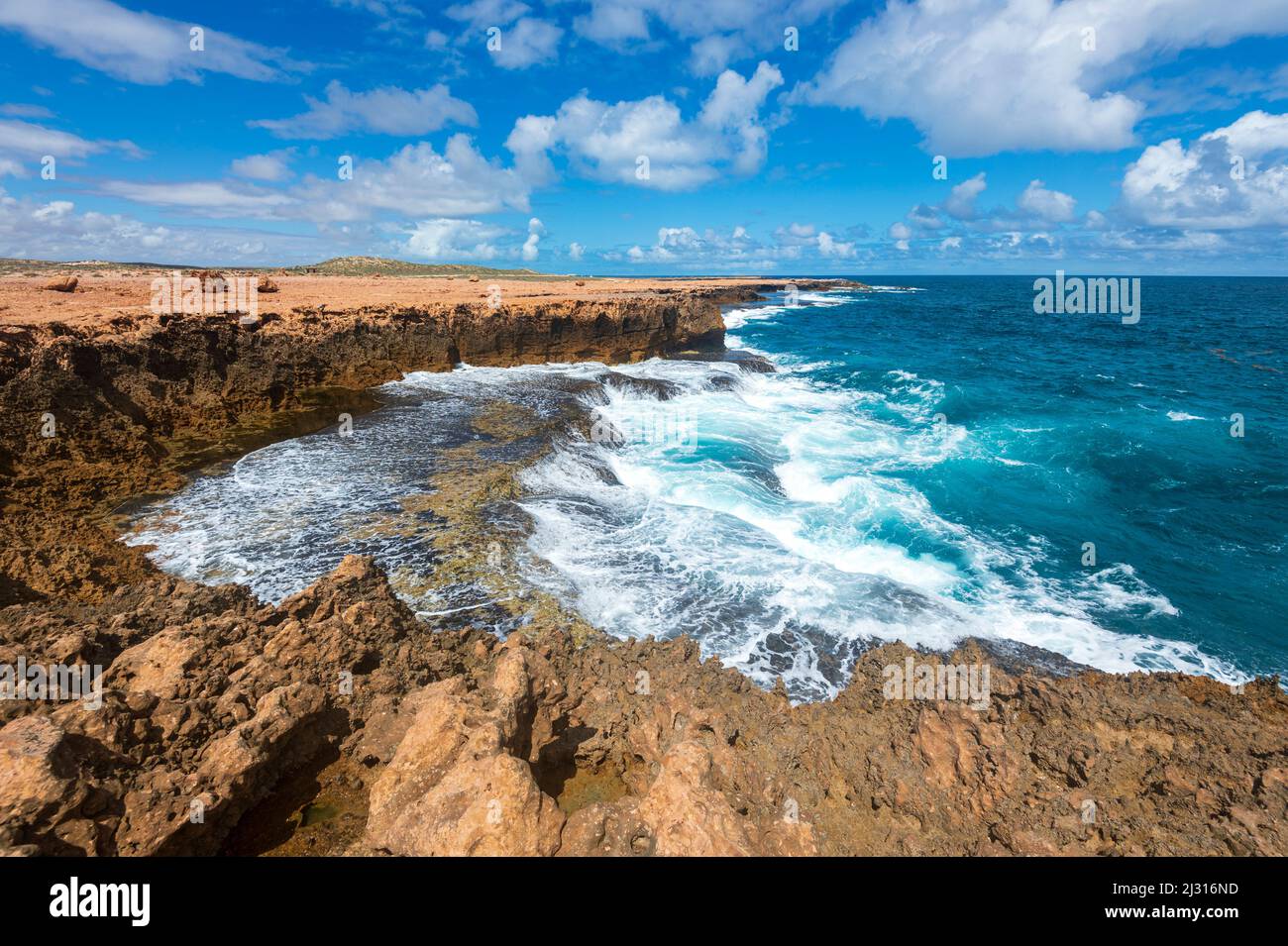 Dramatic view of the scenic rocky coastline at Quobba Blowholes, a ...