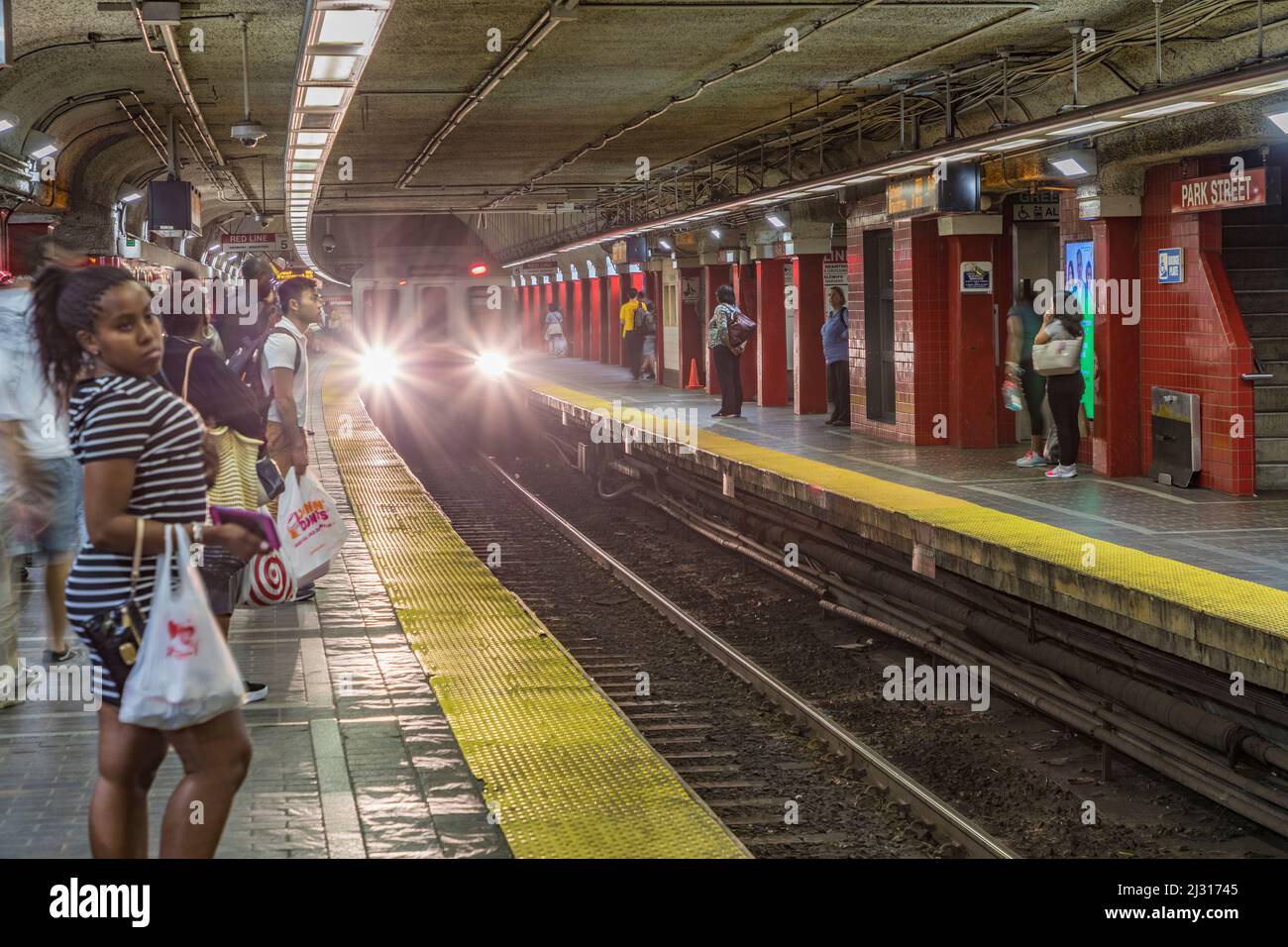 BOSTON, USA - SEP 12, 2017: people wait for the next Metro at green ...