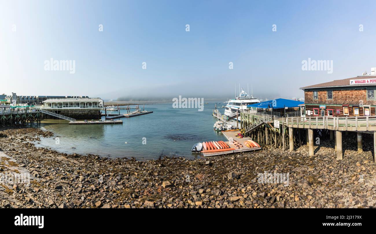 BAR HARBOR, USA - SEP 17, 2017: coast at Bar Harbor with pier, Kajak ...