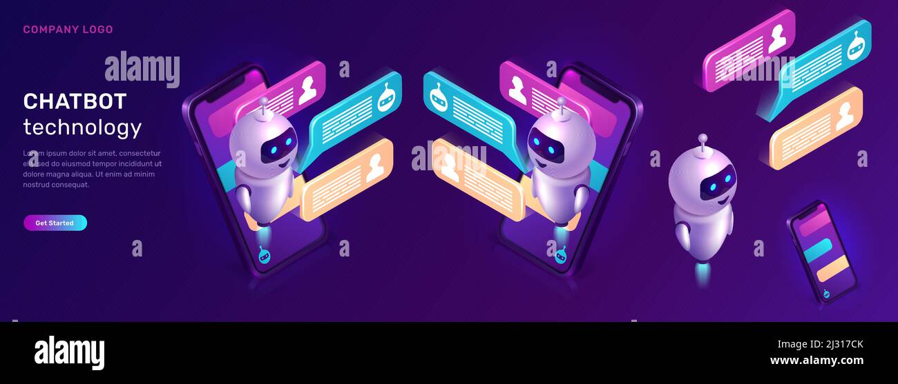 Chatbot technology, isometric concept vector illustration. Website landing page with mobile ...