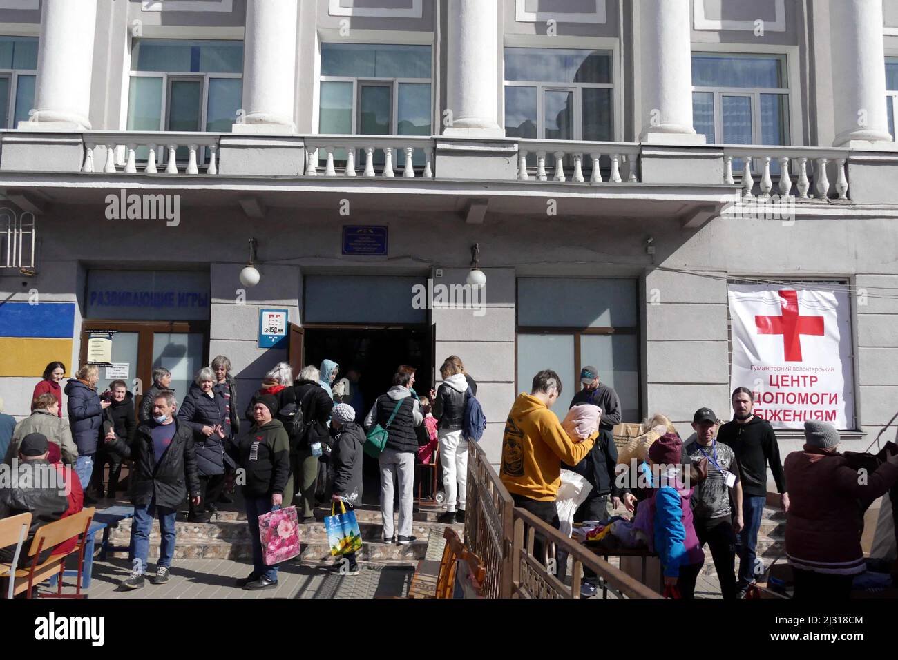 People are seen on the grounds of the IDP Assistance Center, Odesa ...