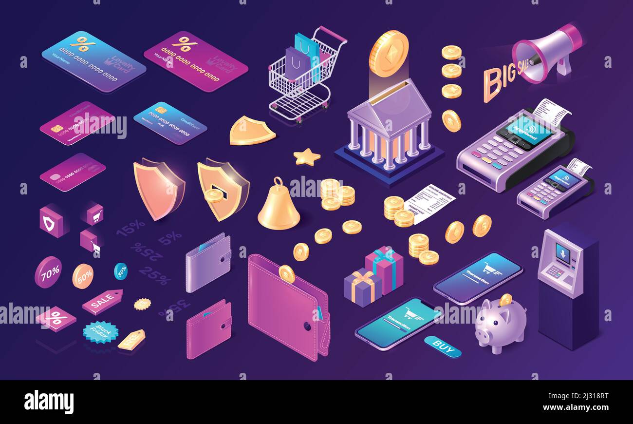 Money transfer icons big set, isometric concept vector illustration ...