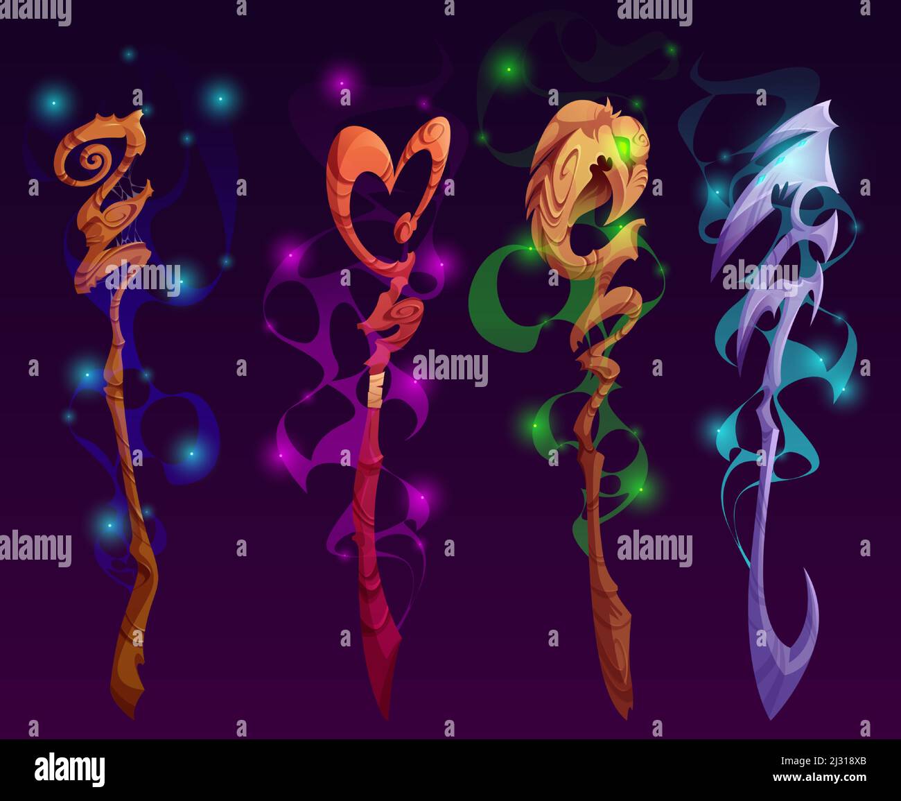 Fantasy magic staves, wizard or magician scepters. Vector cartoon set ...