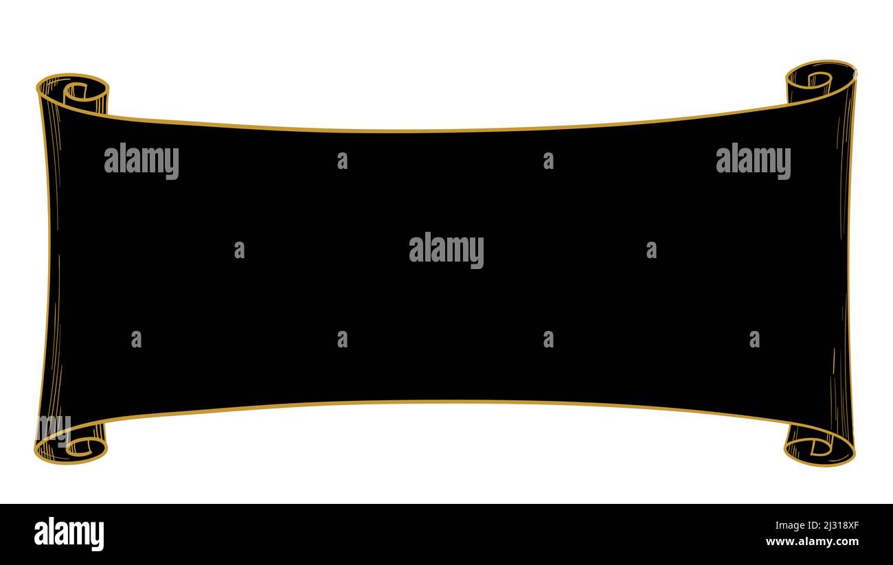 Narrow black paper scroll with golden outline, ancient form of solemn ...