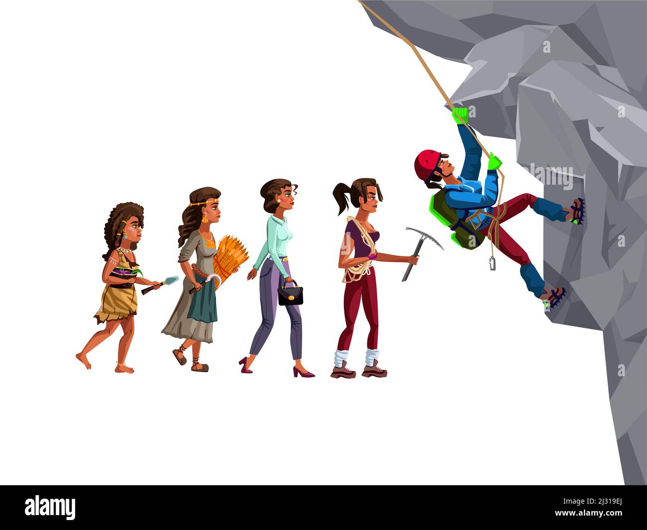 Woman climber evolution time line vector cartoon illustration concept ...