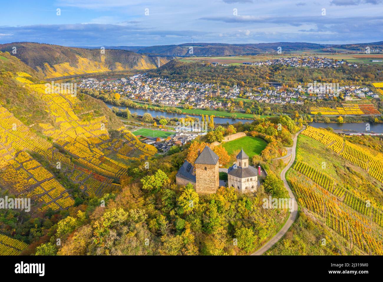 Aerial view of the Upper Castle and Matthias Chapel, Kobern-Gondorf ...