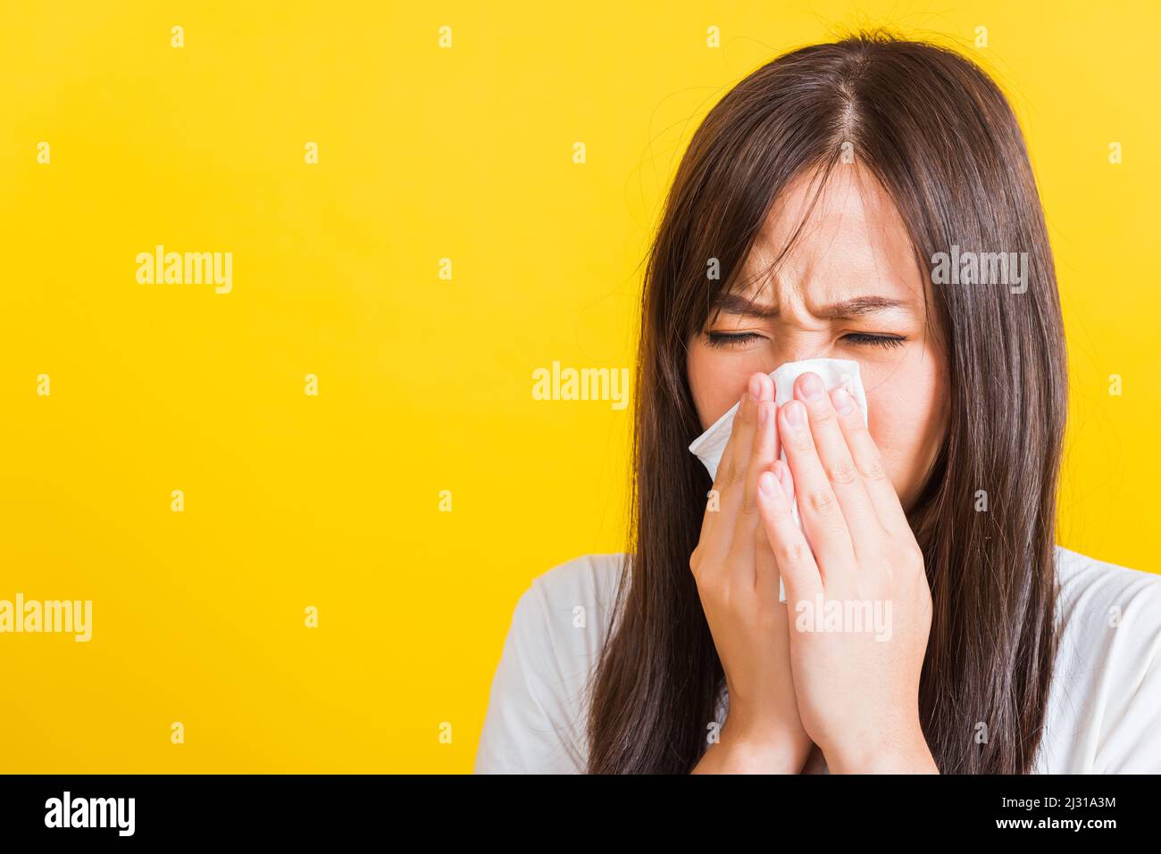 Portrait of Asian beautiful young woman sad she crying wipe the mucus ...