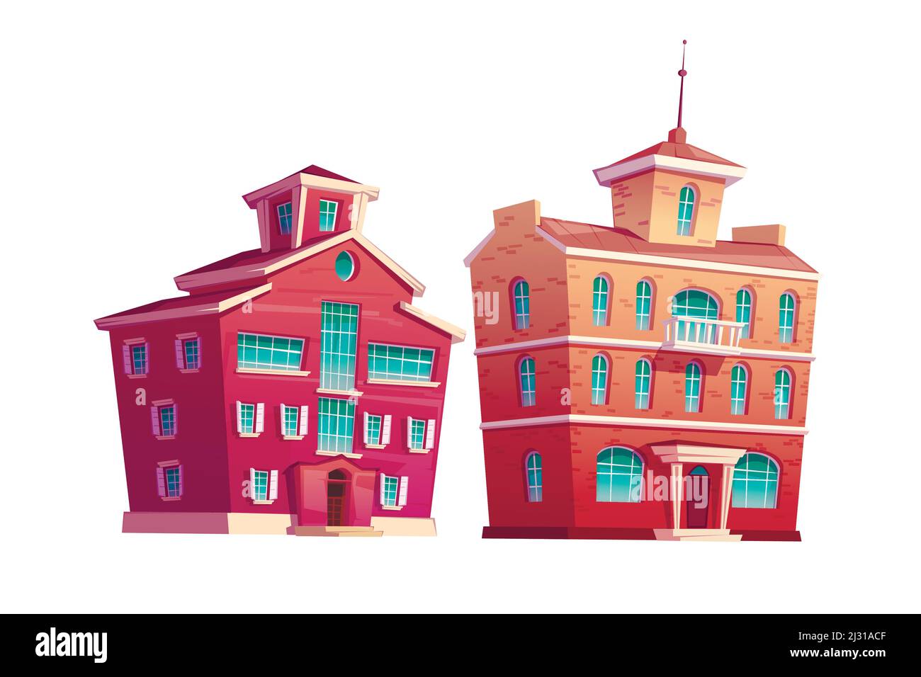 Urban retro building cartoon vector set illustration. Old residential ...