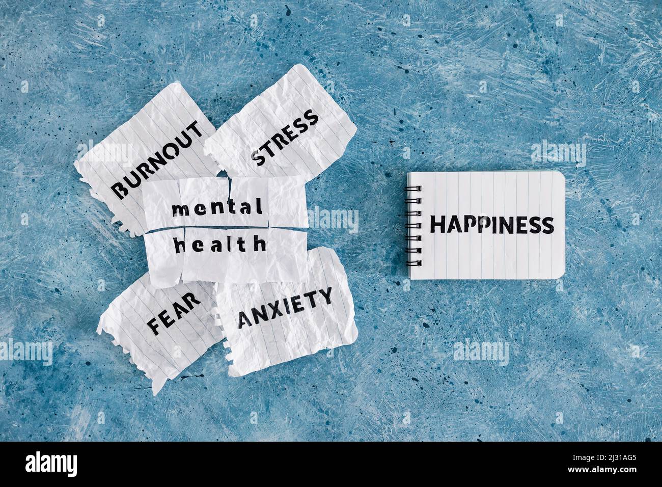 Happiness text on notepad with Fear Anxiety Stress and Burnout words ...