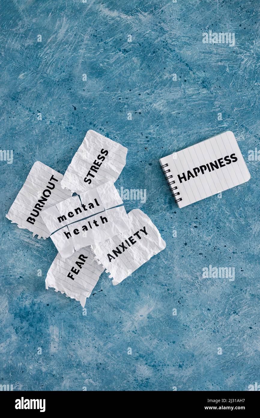 Happiness text on notepad with Fear Anxiety Stress and Burnout words ...