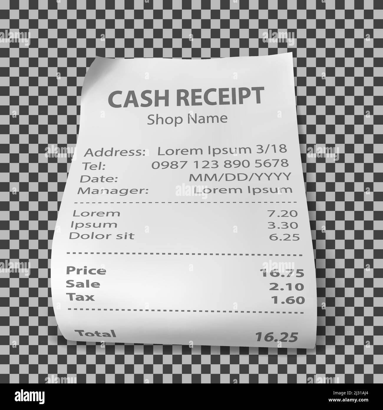 Shop receipt realistic isolated vector illustration. Direct and curled ...