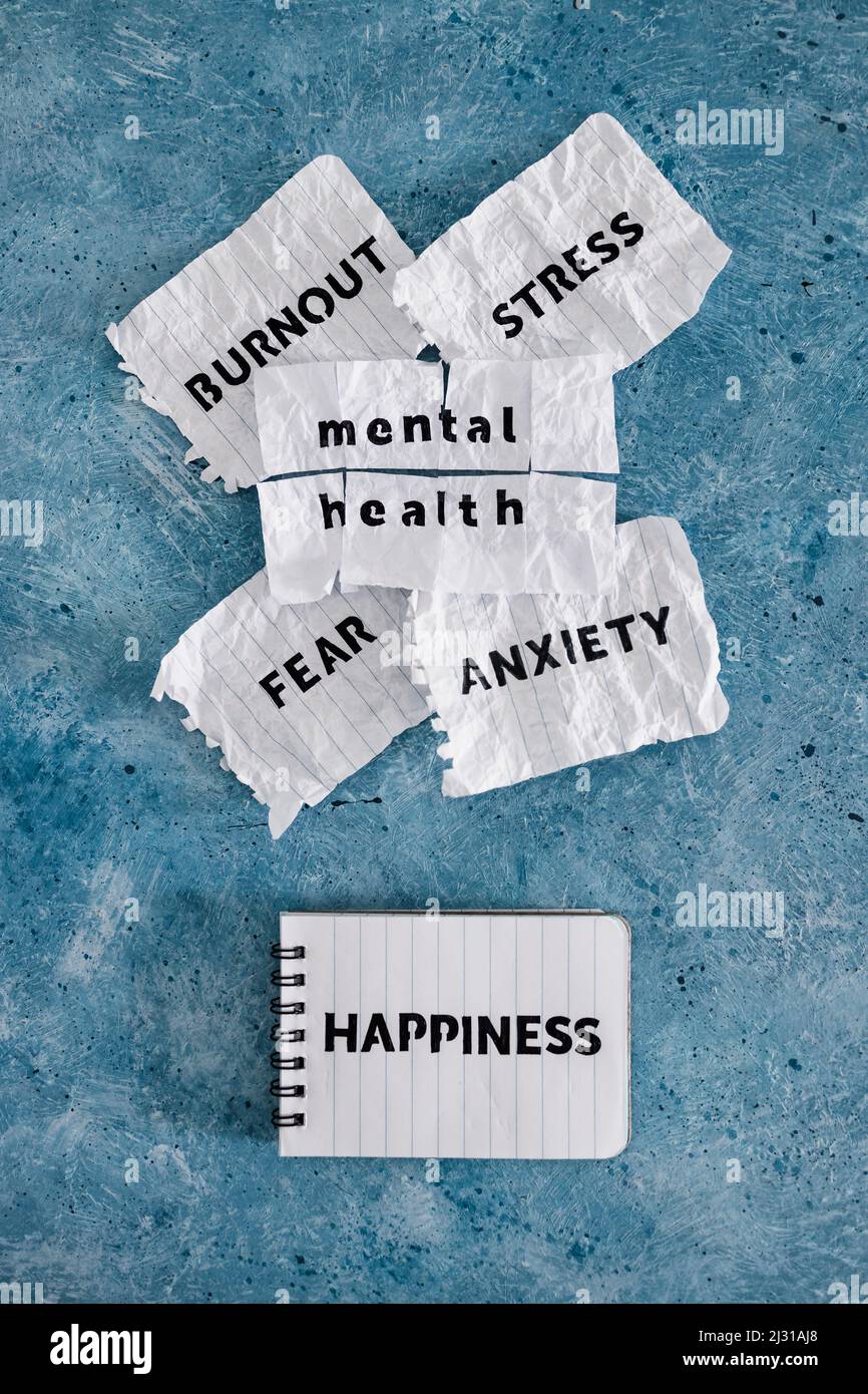 Happiness text on notepad with Fear Anxiety Stress and Burnout words ...