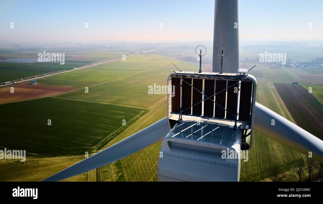 Aerial view of close up windmill turbine in countryside area, Wind ...