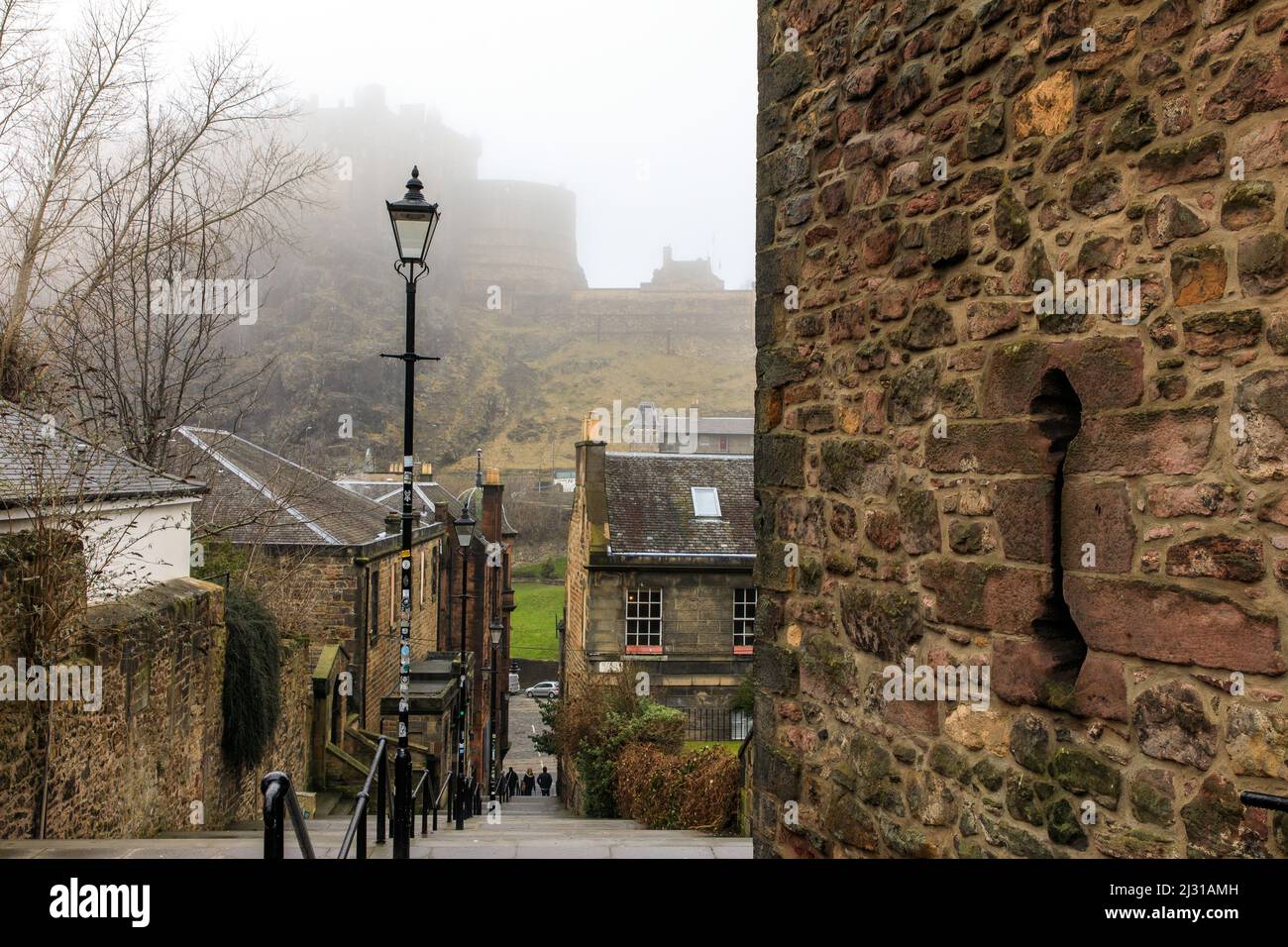 Staircase on Flodden Wall and Edinburgh Castle in the mist, Scotland ...