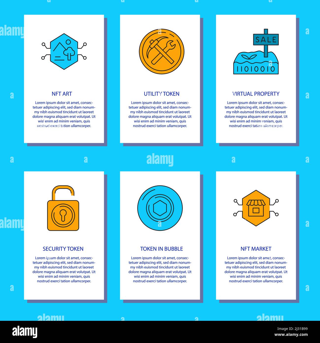 NFT tokens flyer templates set with place for text. Virtual property ...
