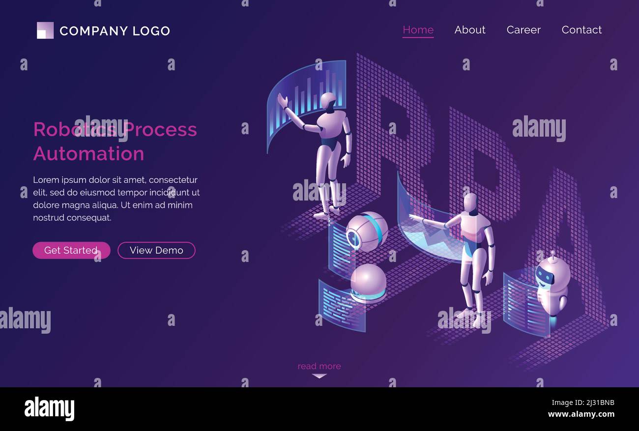 Robotic process automation or rpa isometric concept vector. Artificial intelligence robots ...