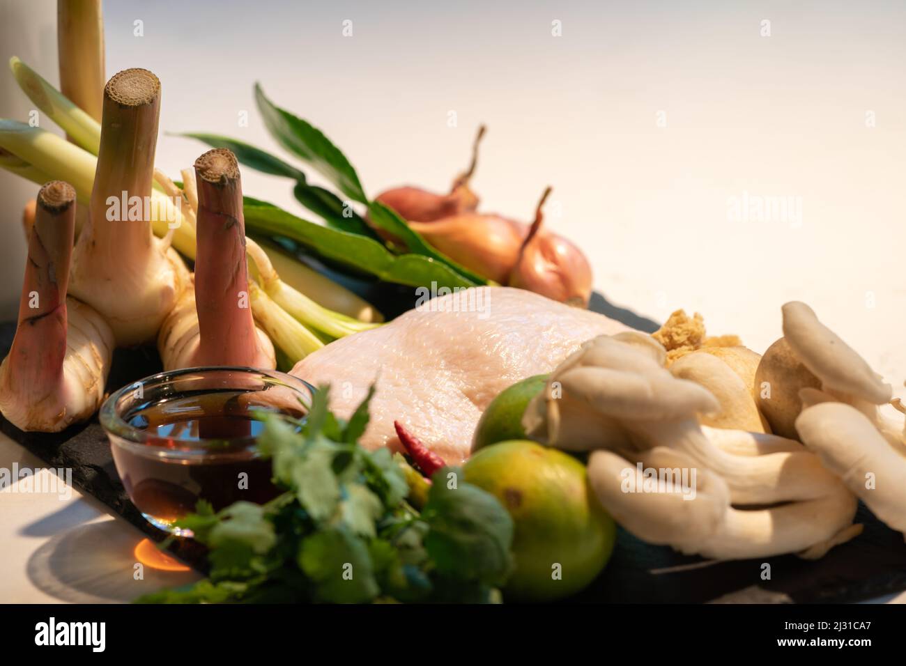Close up to ingredients set of thai food, Coconut milk with chicken ...