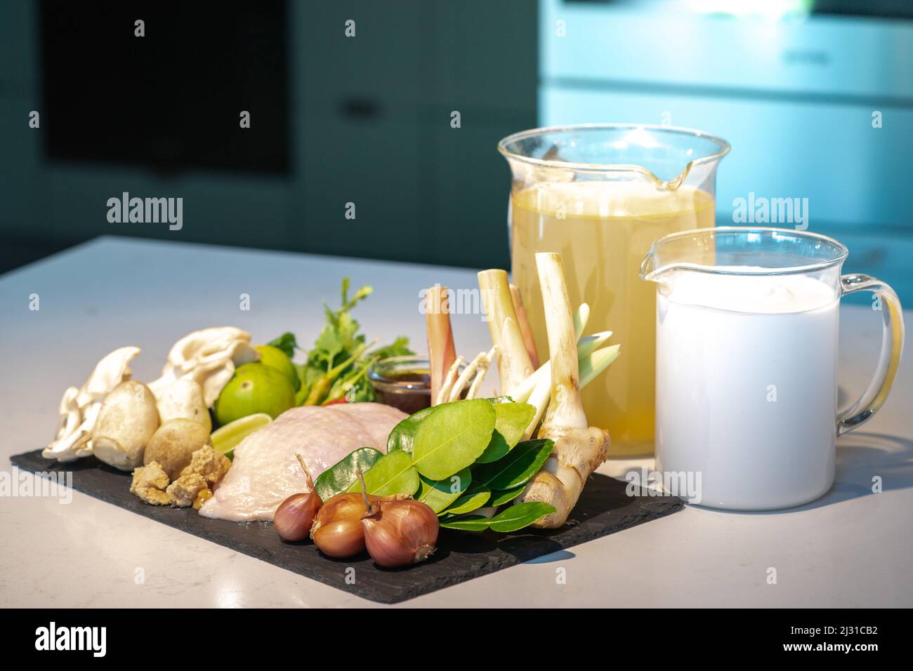 Close up to ingredients set of thai food, Coconut milk with chicken ...