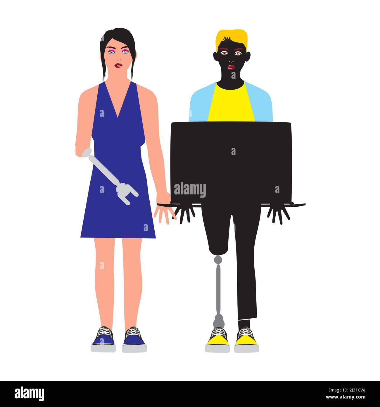 People distance learning with limb differences, illustration vector ...