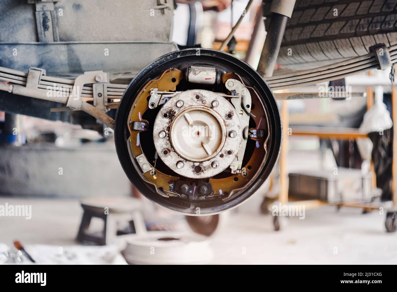 Inside system of the car drum brake, car without a wheel for brake ...