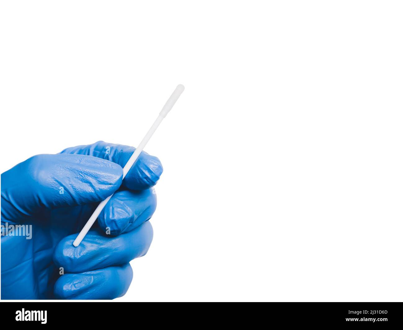 Cotton swab in a medical hand isolated on white background with copy ...