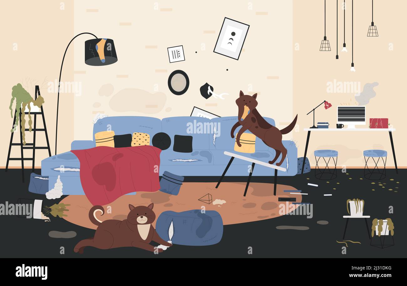 Naughty dogs play in living room together vector illustration. Cartoon ...