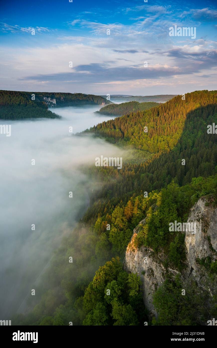 View from Eichfelsen with morning mist, sunrise, near Irndorf, Obere ... View from Eichfelsen with morning mist, sunrise, near Irndorf, Obere ...