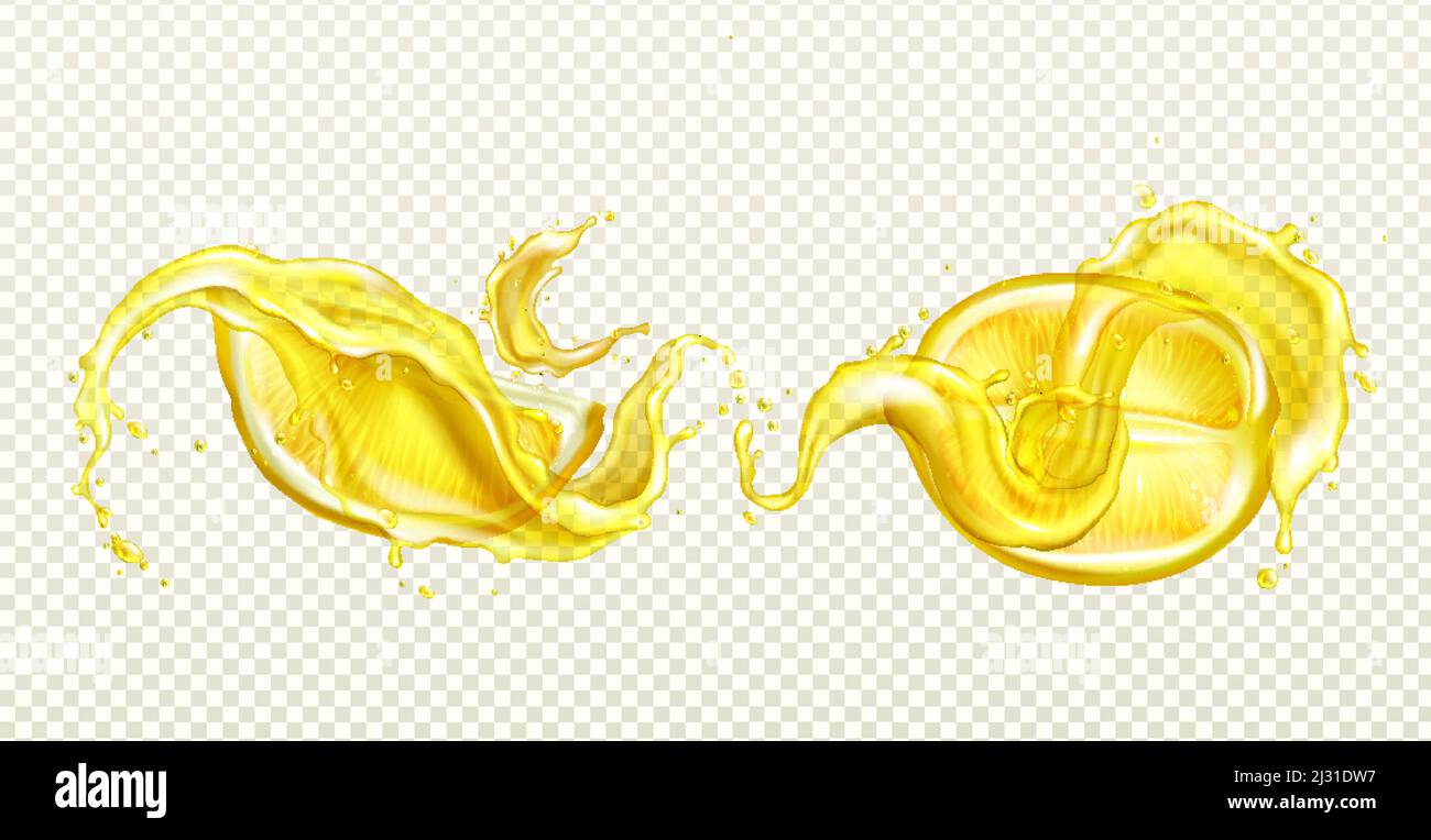 Lemon juice splash realistic vector illustration. Half lemon, sliced ...