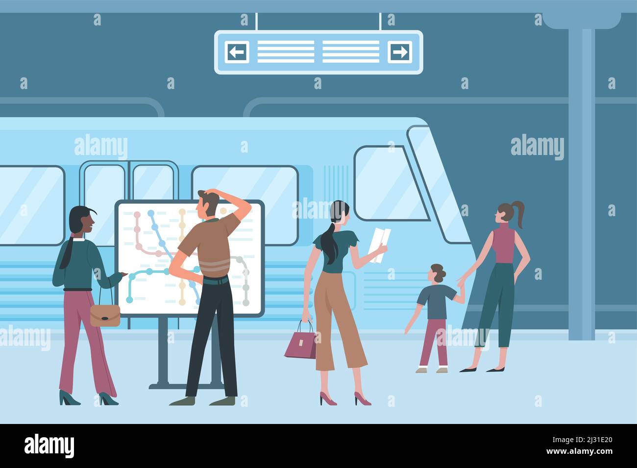 Underground subway station interior with passengers and electric train ...