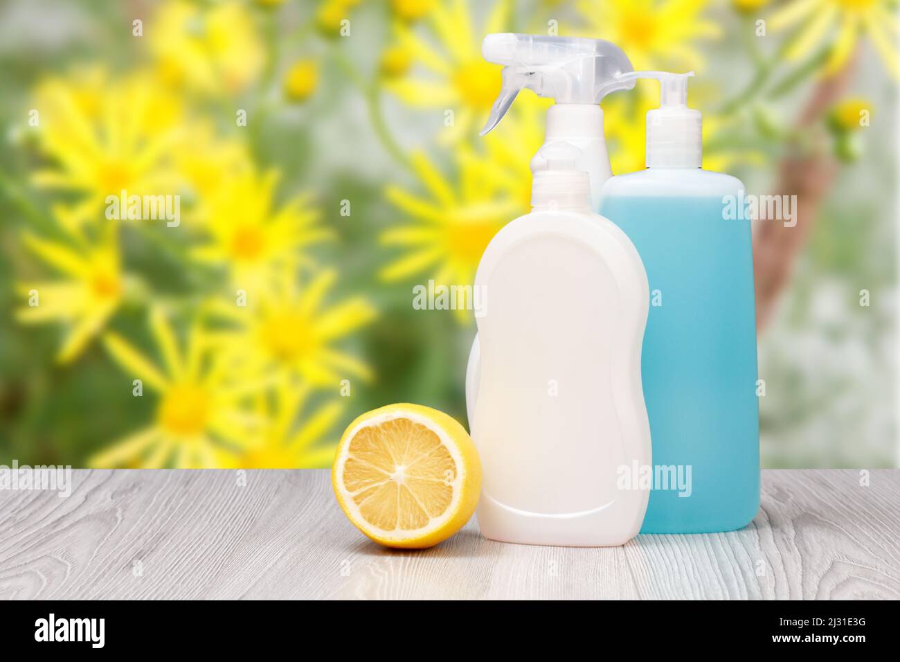 Plastic bottles of dishwashing liquid and lemon on the blurred natural ...