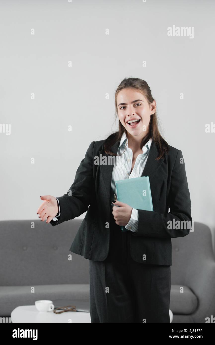 Business woman entrepreneur giving hand. Secretary welcome handshake ...