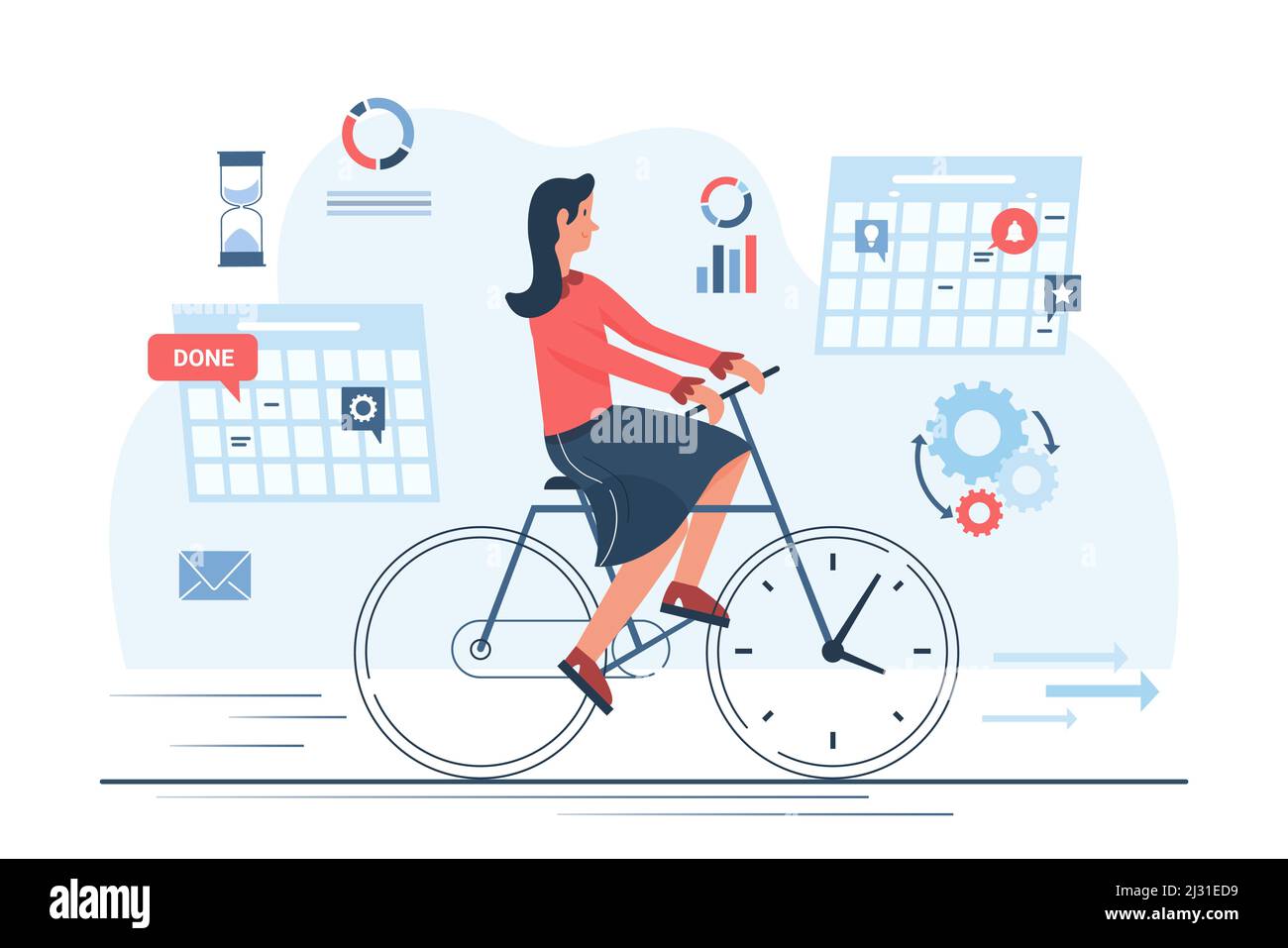 Employee riding bike with clock to control and organize work hours and ...