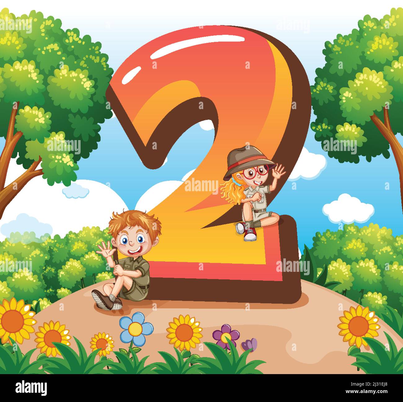 Two kids with number two cartoon illustration Stock Vector Image & Art ...