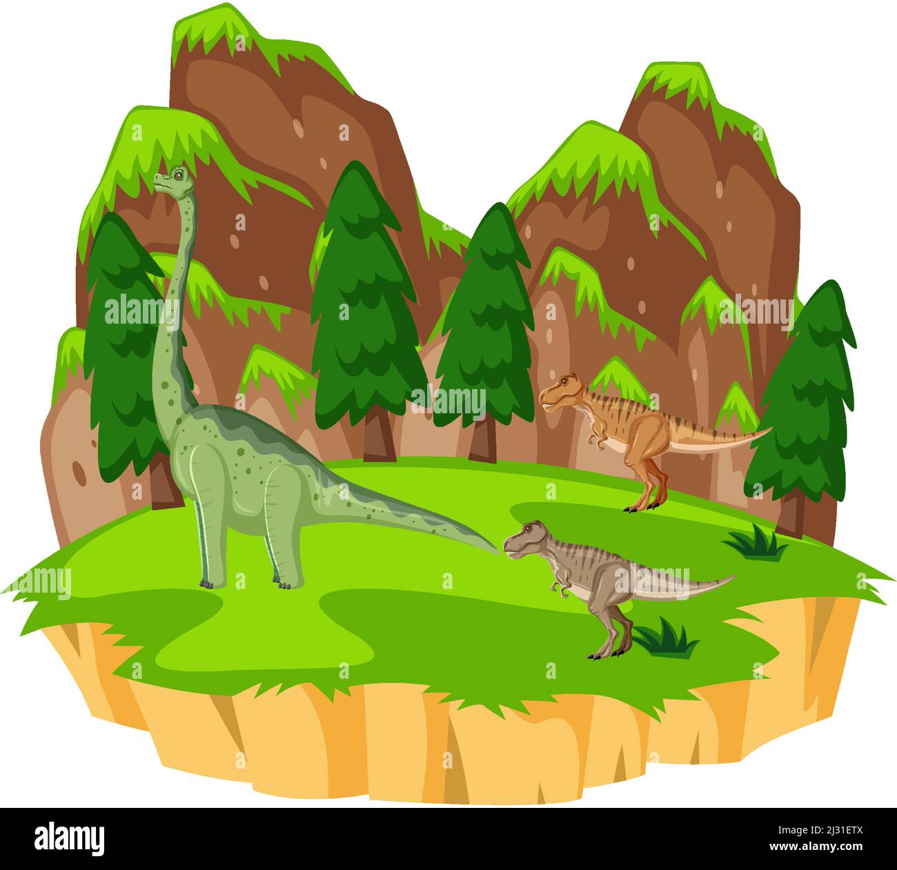 Scene with dinosaurs brachiosaurus and t-rex on island illustration ...