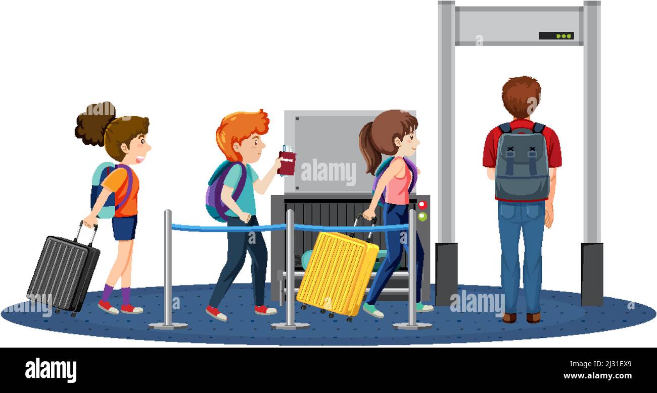 Passengers walking in a line to boarding gate entrance illustration ...