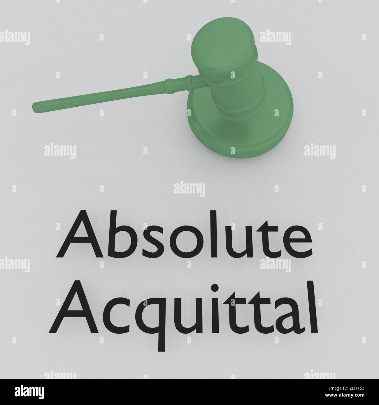 3D illustration of Absolute Acquittal title under a green judge gavel ...