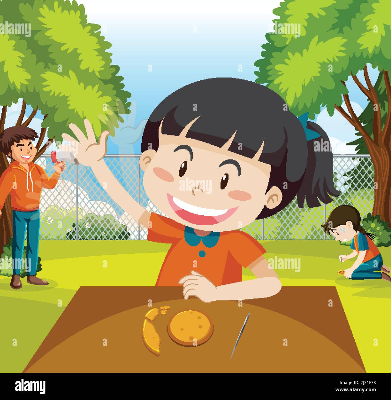 Children playing scratch dalgona cookie at the park illustration Stock ...