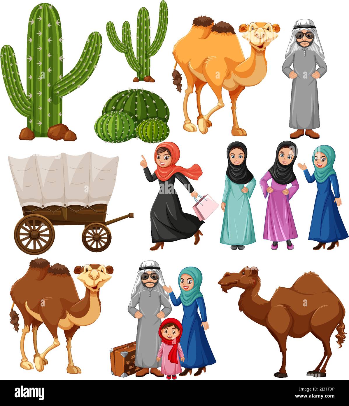 Arabic people with camel and cactus plants illustration Stock Vector ...