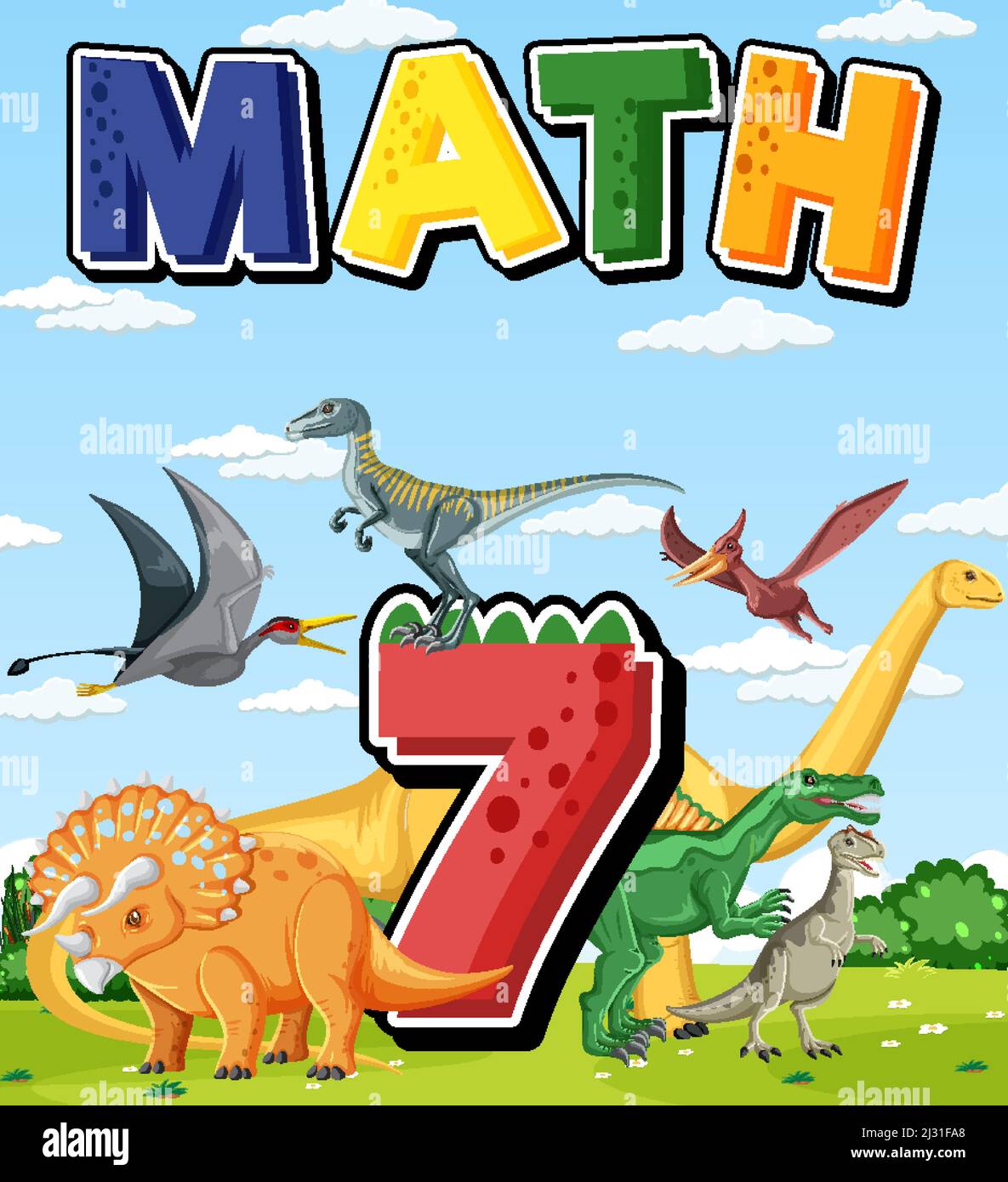 Seven dinosaurs with number seven cartoon illustration Stock Vector ...